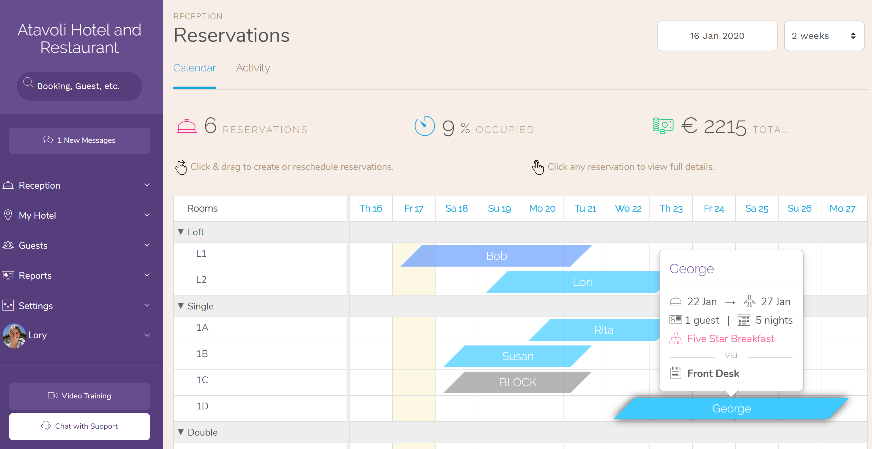 Hotel Front Desk Software with Drag & Drop Reservation Calendar.